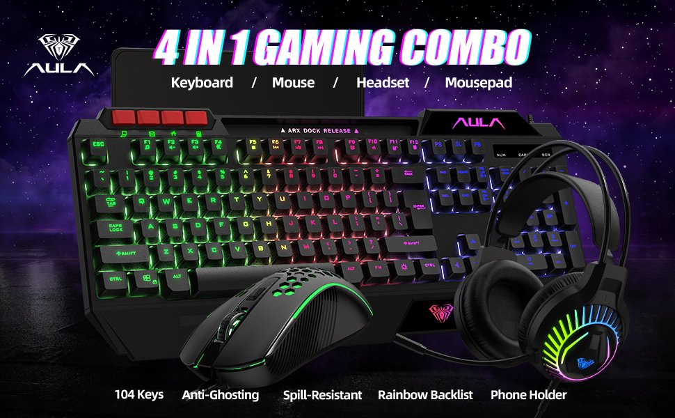 Aula T650 4 in 1 Gaming Bundled Keyboard / Mouse / Headset / Mousepad ...
